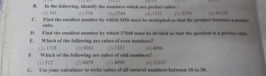 B. In the following, identify the numbers which are perfect cubes : (1) 3..