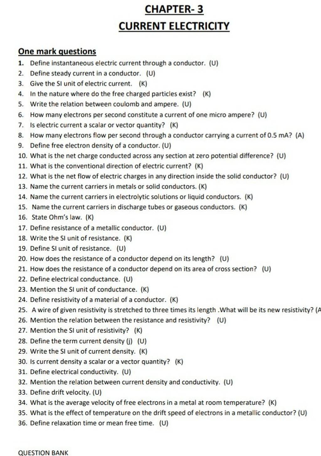 CHAPTER- 3 CURRENT ELECTRICITY One mark questions | Filo