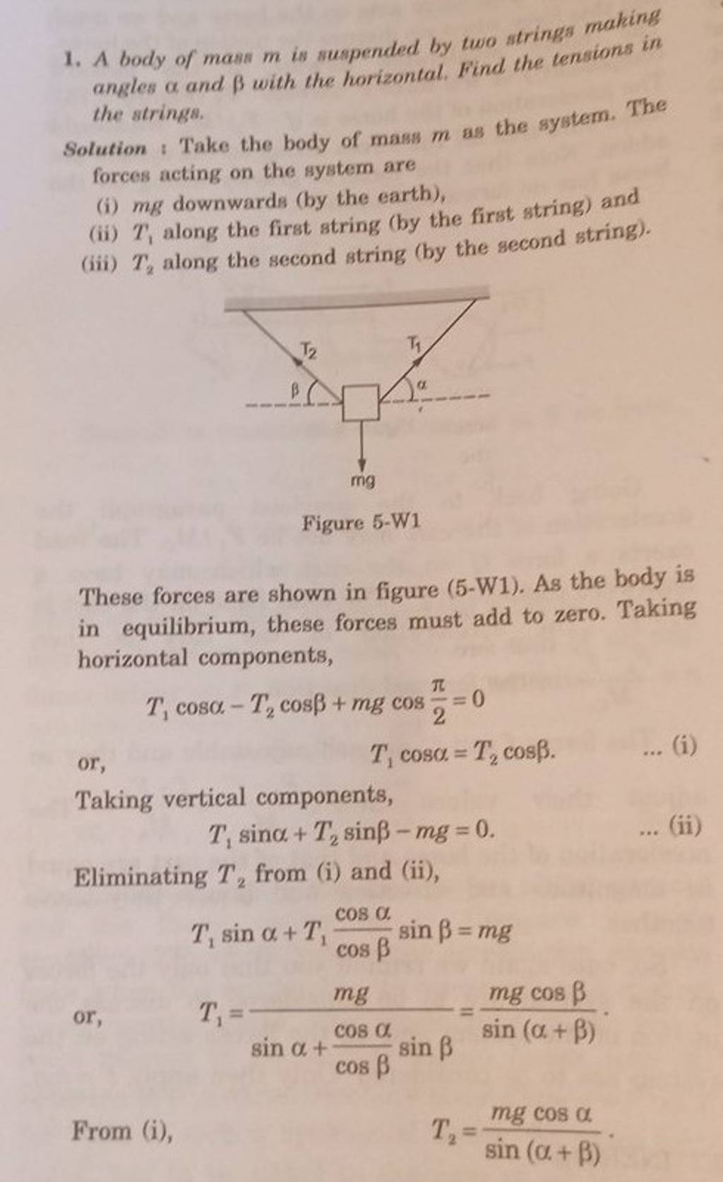 1. A body of mass m is suspended by two strings making angles α and β wit..
