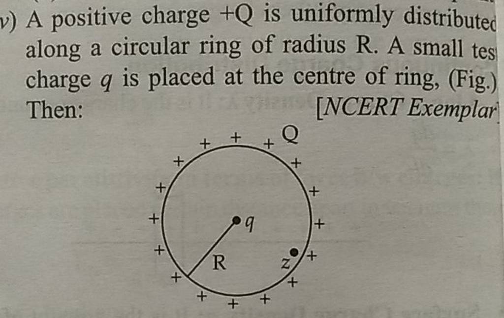 v) A positive charge +Q is uniformly distributed along a circular ring of..