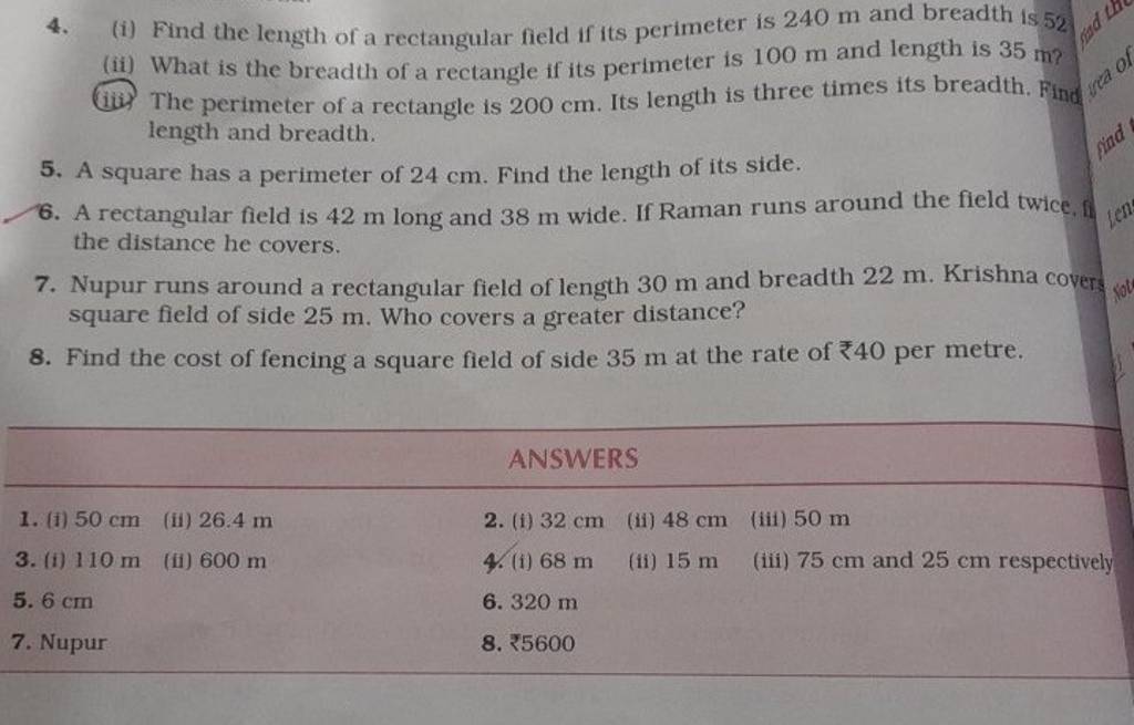 4. (i) Find the length of a rectangular field if its perimeter is 240 m a..
