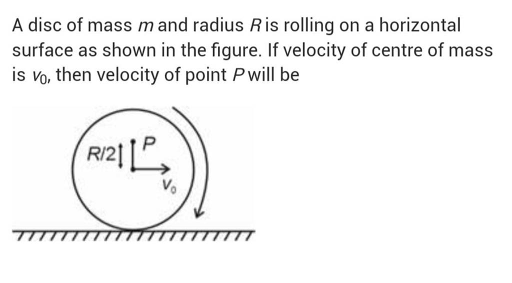A disc of mass m and radius R is rolling on a horizontal surface as shown..