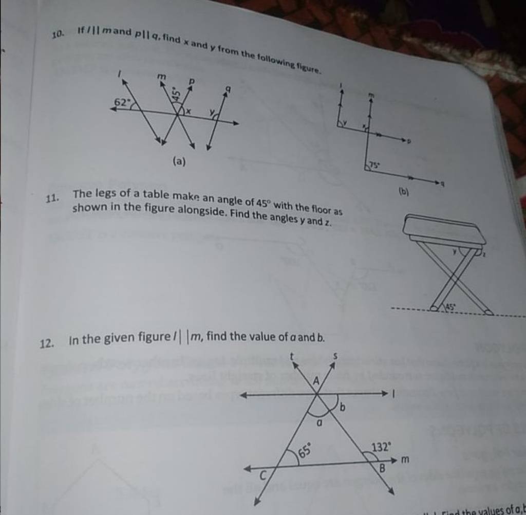 10. If /∥m and p∥q, find x and y from the following figure. (a) 11. The l..
