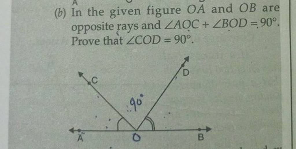 (b) In the given figure OA and OB are opposite rays and ∠AOC+∠BOD=90∘. Pr..