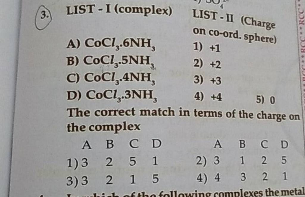LIST - I (complex) LIST - II (Charge A) CoCl3 .6NH3 on co-ord. sphere)