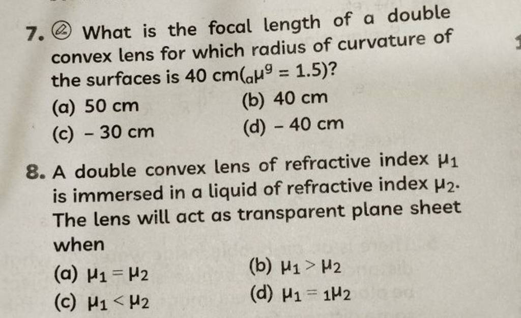 A Double Convex Lens Of Refractive Index μ1 Is Immersed In A Liquid Of R