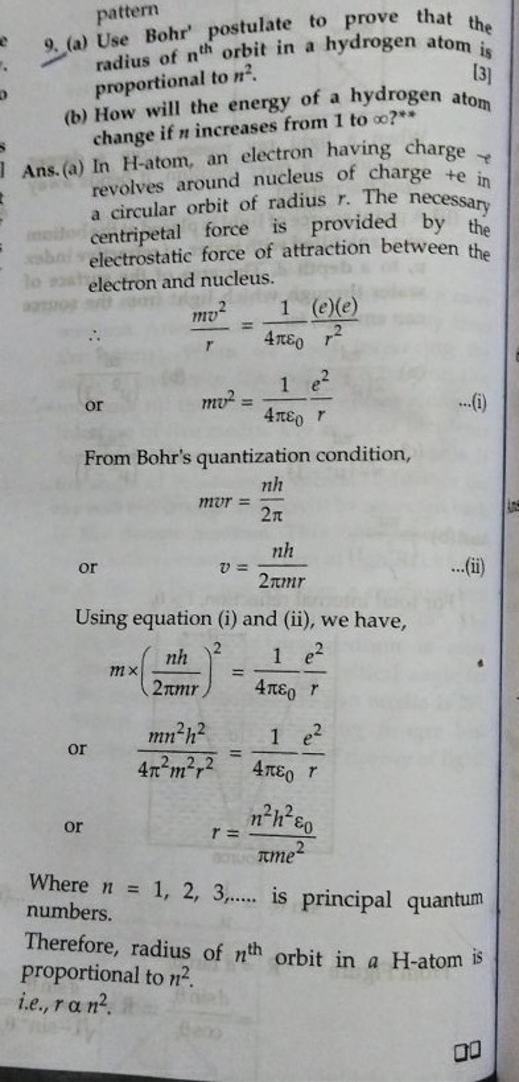 9 A Use Bohr Postulate To Prove That The Radius Of Nth Orbit In A Hy