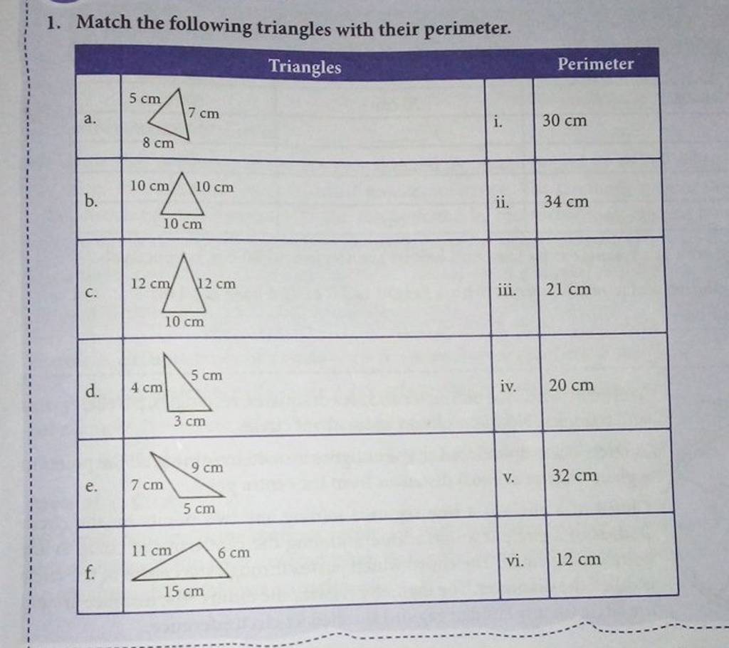 1. Match the following triangles with their perimeter. | Filo