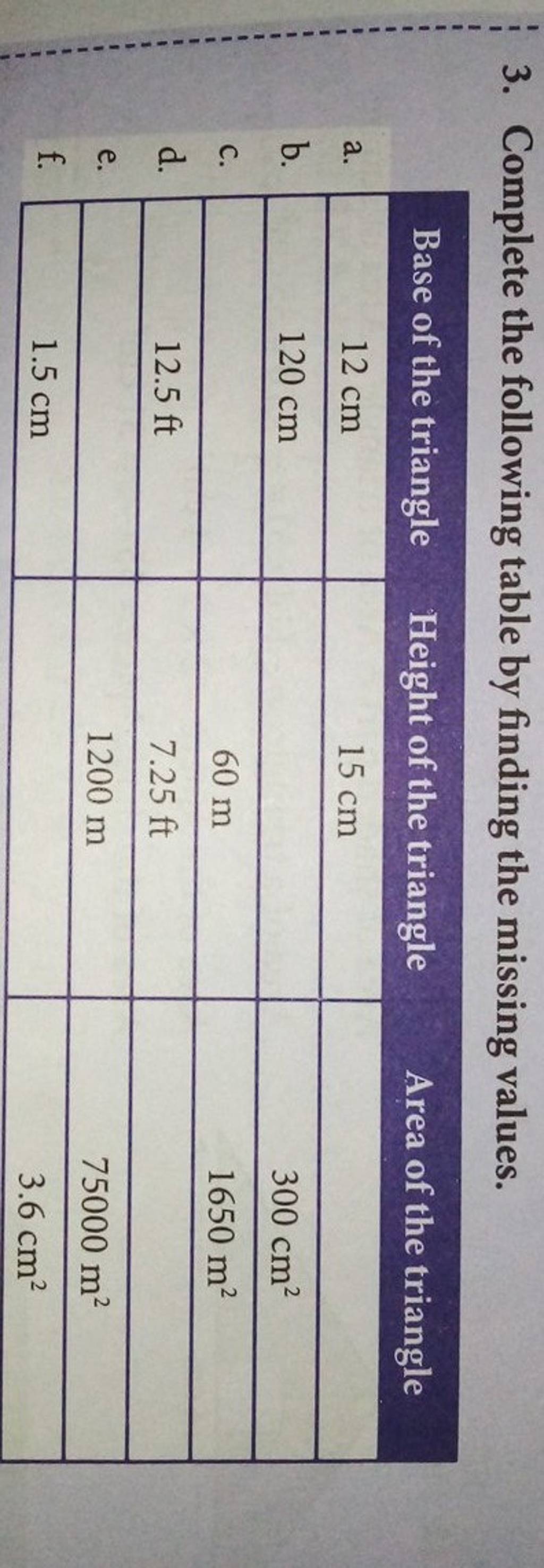 3. Complete the following table by finding the missing values. | Filo