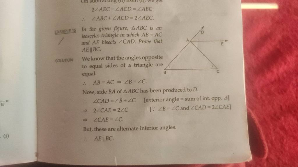 ∴ 2∠AEC−∠ACD=∠ABC∠ABC+∠ACD=2∠AEC. Example 15 In the given figure, ABC i..