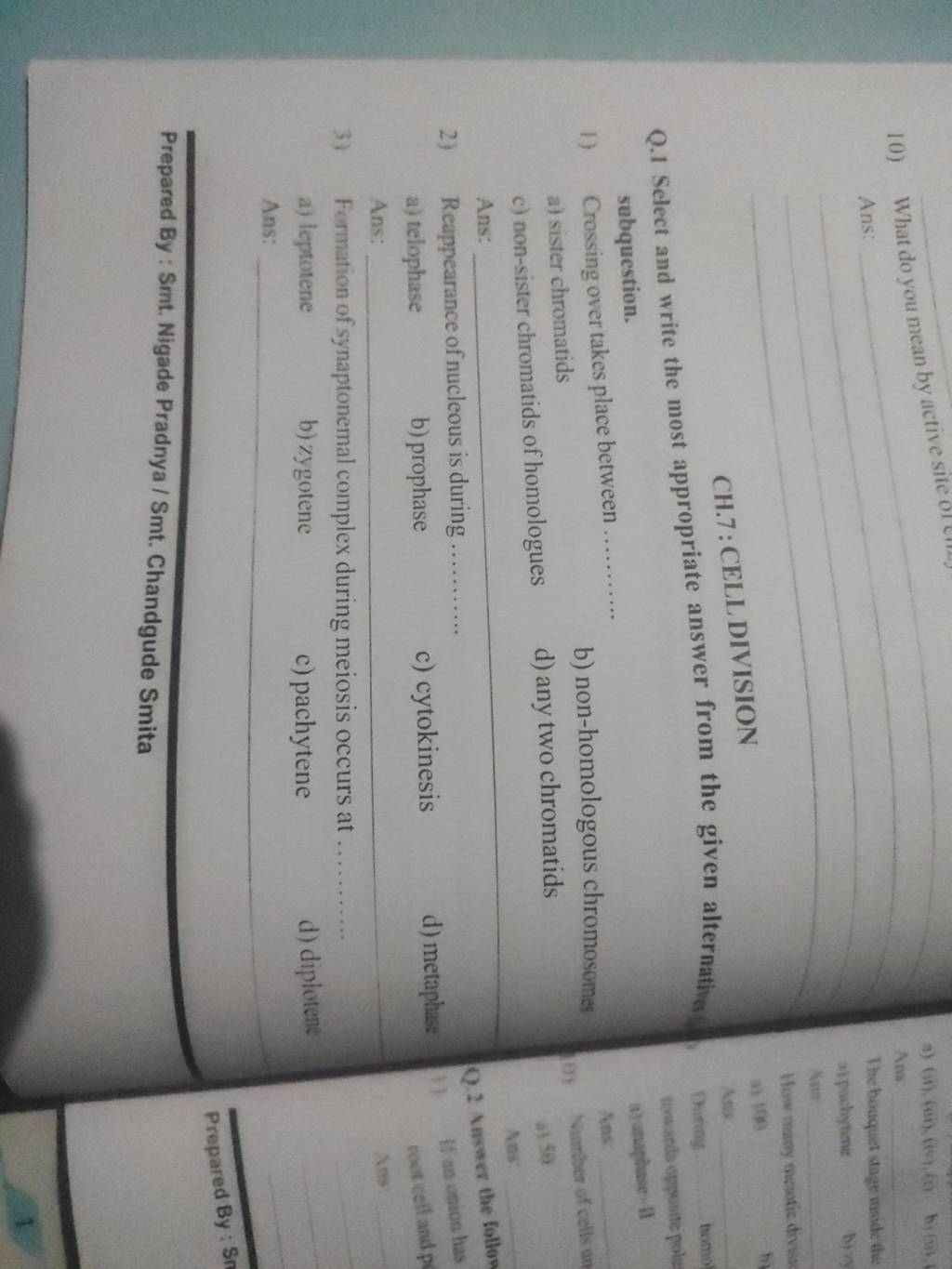 Ans: 3) Formation of synaptonemal complex during meiosis occurs at ........