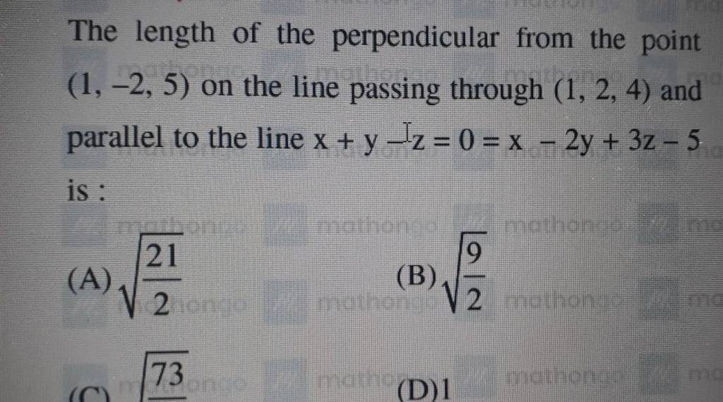 The length of the perpendicular from the point (1,−2,5) on the line passi..
