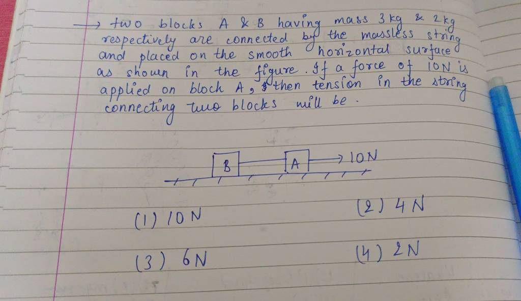 two blocks A \& B having mass 3 kg&2 kg respectively are connected by t..