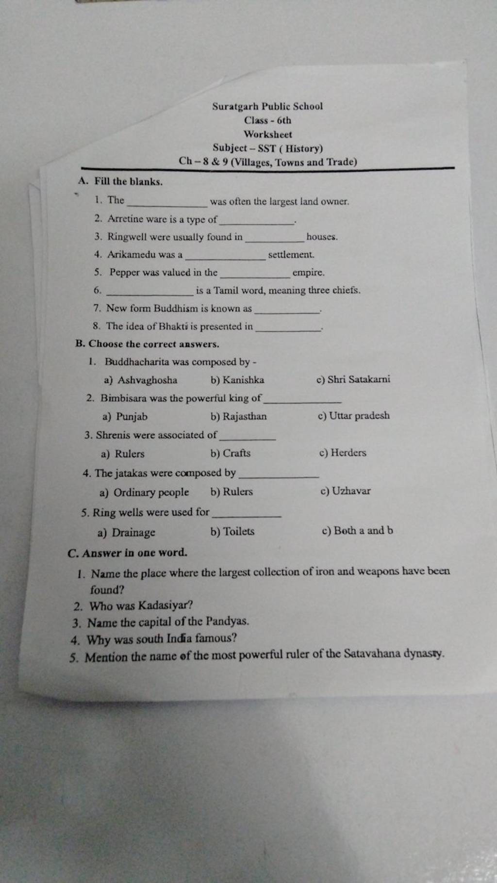 Suratgarh Public School Class - 6th Worksheet Subject - SST ( History) Ch..