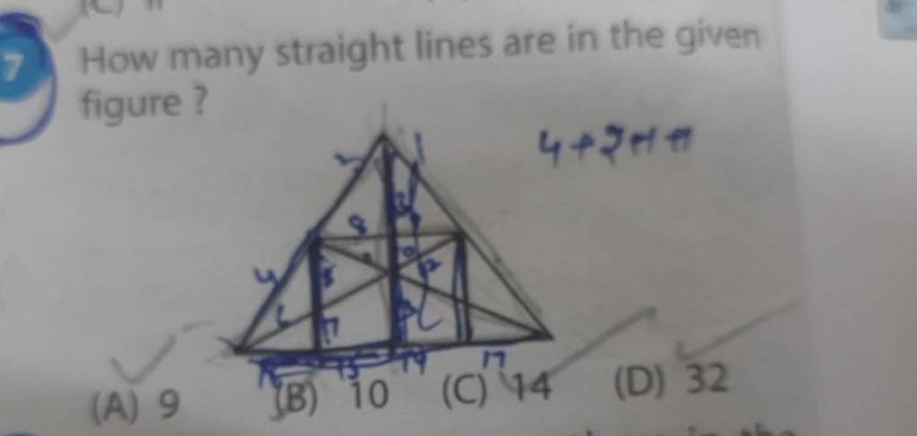 How many straight lines are in the given figure ? (A) 9 4+2+ ती (D) 32..