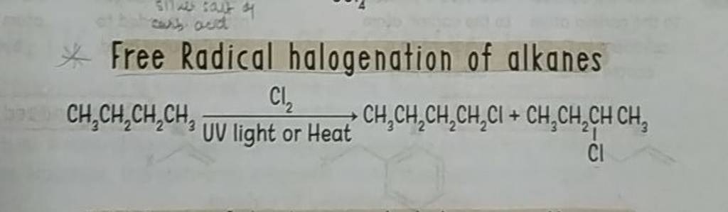 Free Radical halogenation of alkanes CH3 CH2 CH2 CH3 UV light or Heat Cl2..