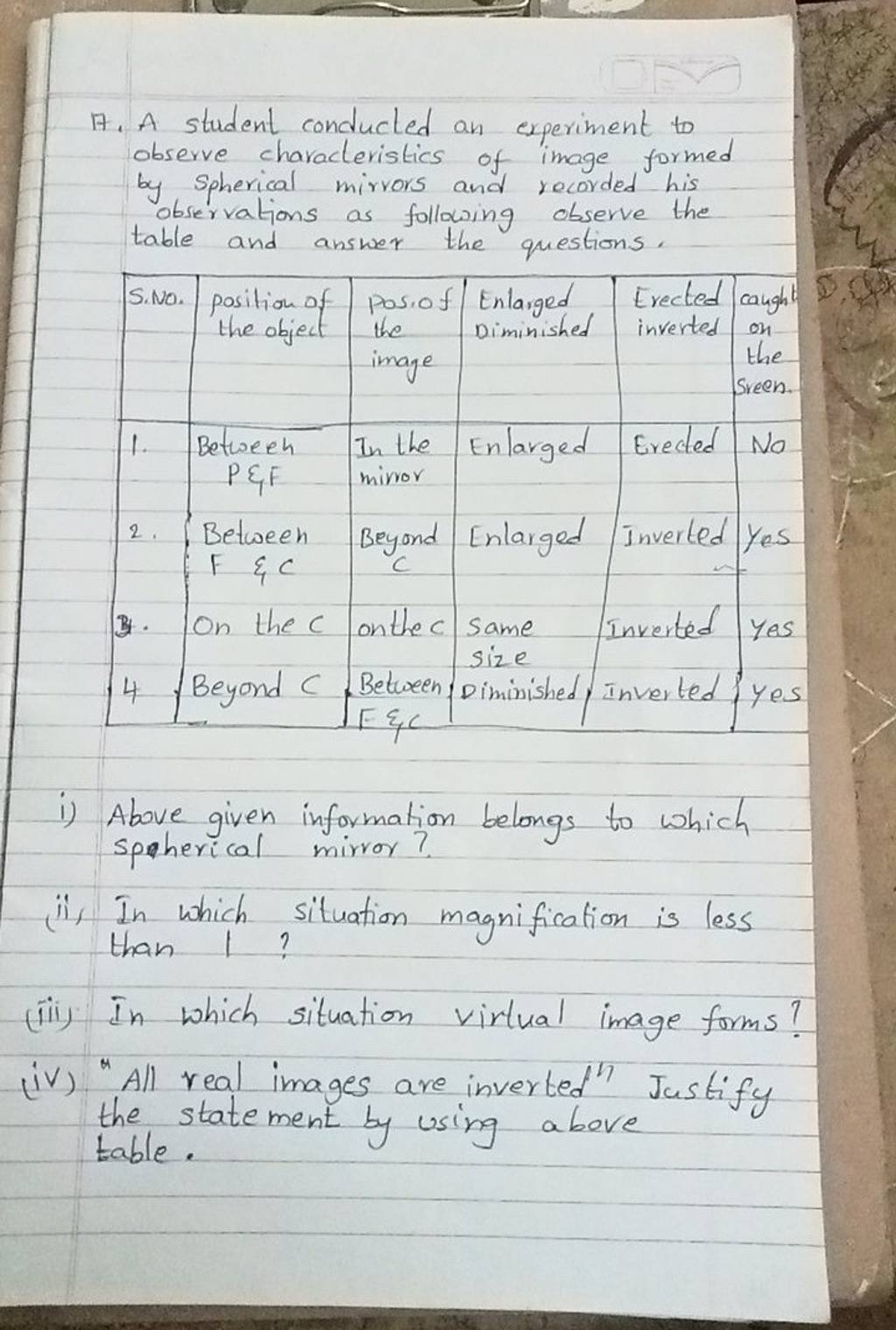 A student conducted an experiment to observe characleristics of image for.. A student conducted an experiment to observe characleristics of image for..
