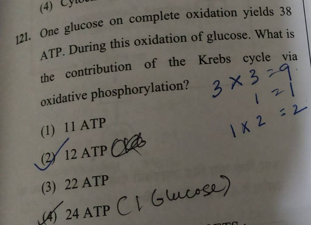121. One glucose on complete oxidation yields 38 ATP. During this oxidati..