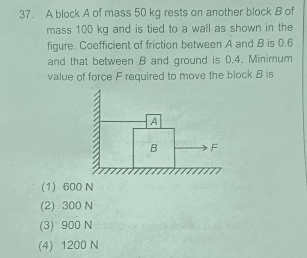 A block A of mass 50 kg rests on another block B of mass 100 kg and is ti..