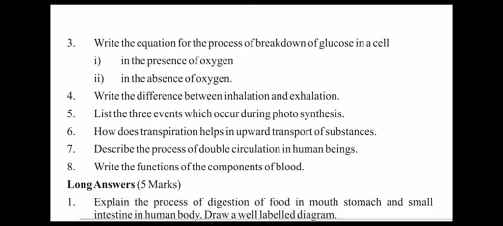 3. Write the equation for the process of breakdown of glucose in a cell i..