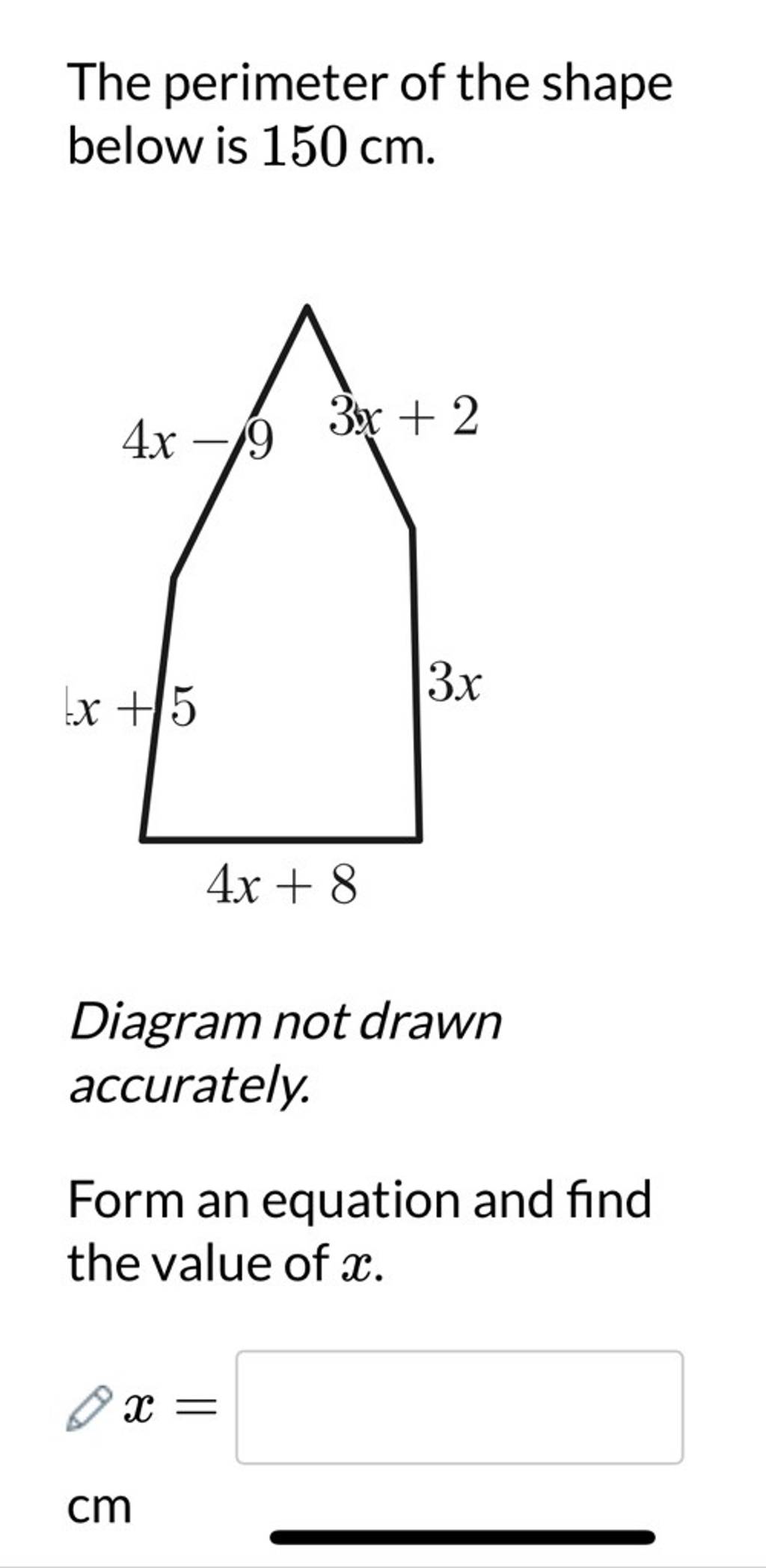 The perimeter of the shape below is 150 cm. Diagram not drawn accurately...