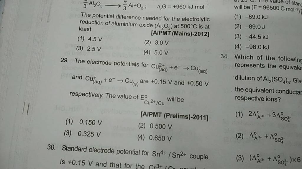 Standard electrode potential for Sn4+/Sn2+ couple is +0.15 V and that for..