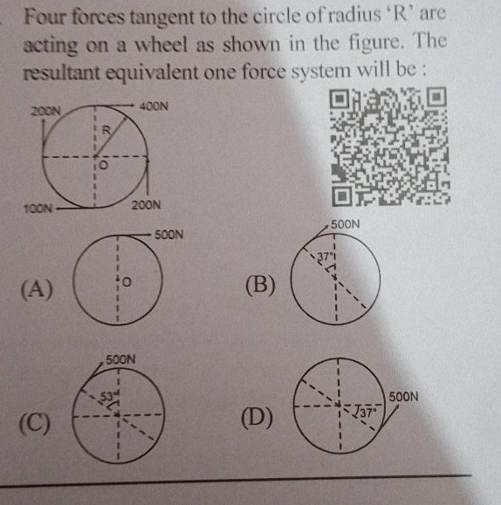 Four forces tangent to the circle of radius ' R ' are acting on a wheel a..