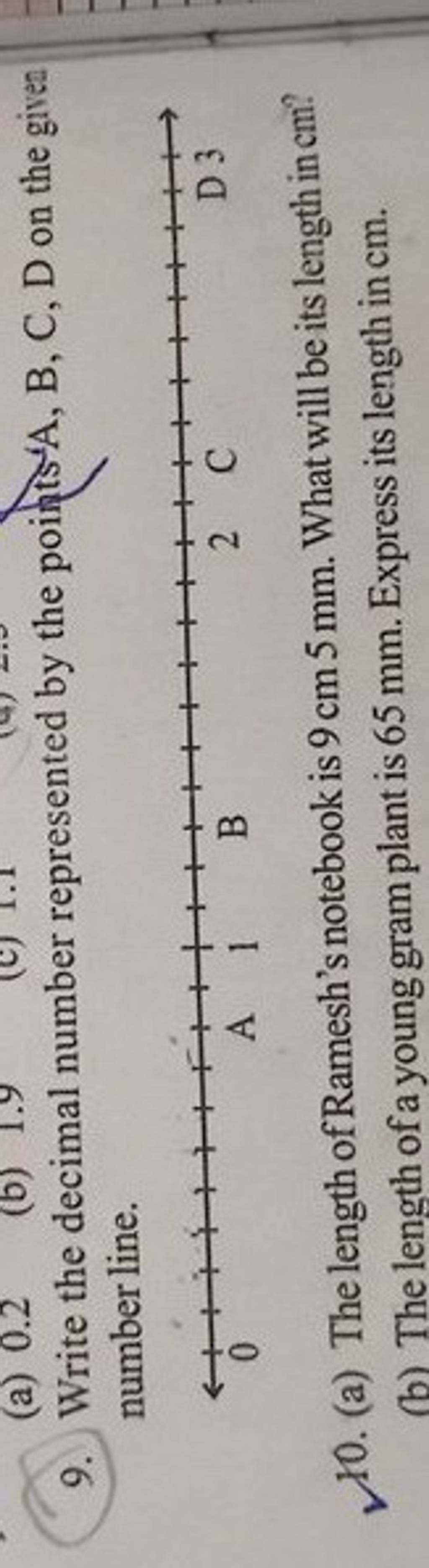 9. Write the decimal number represented by the points'A, B, C, D on the g..