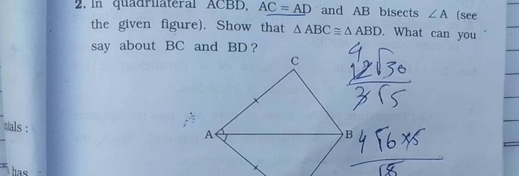 2. In quadrilateral ACBD,AC=AD and AB bisects ∠A (see the given figure).