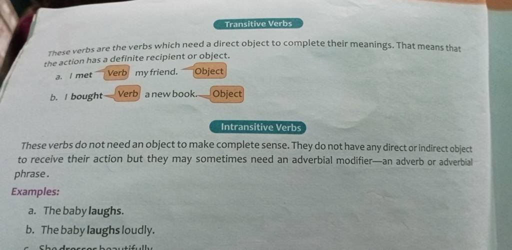 Transitive Verbs These verbs are the verbs which need a direct object to
