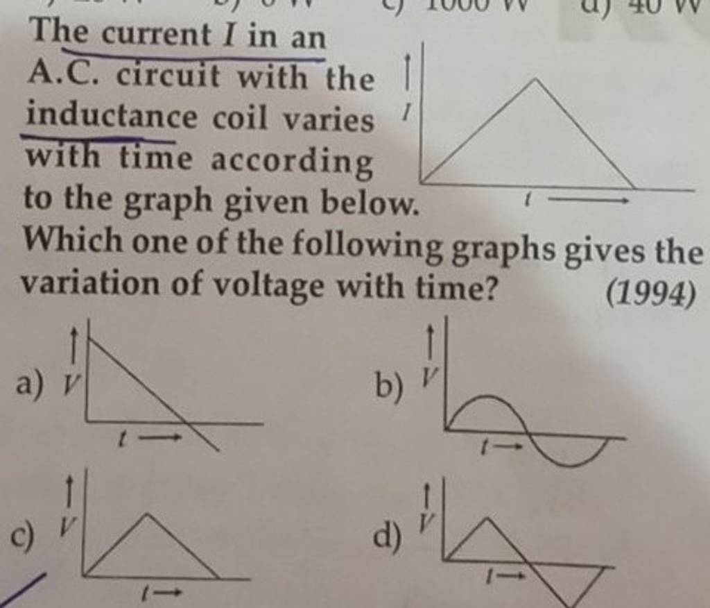 The current I in an A.C. circuit with the inductance coil varies with tim..