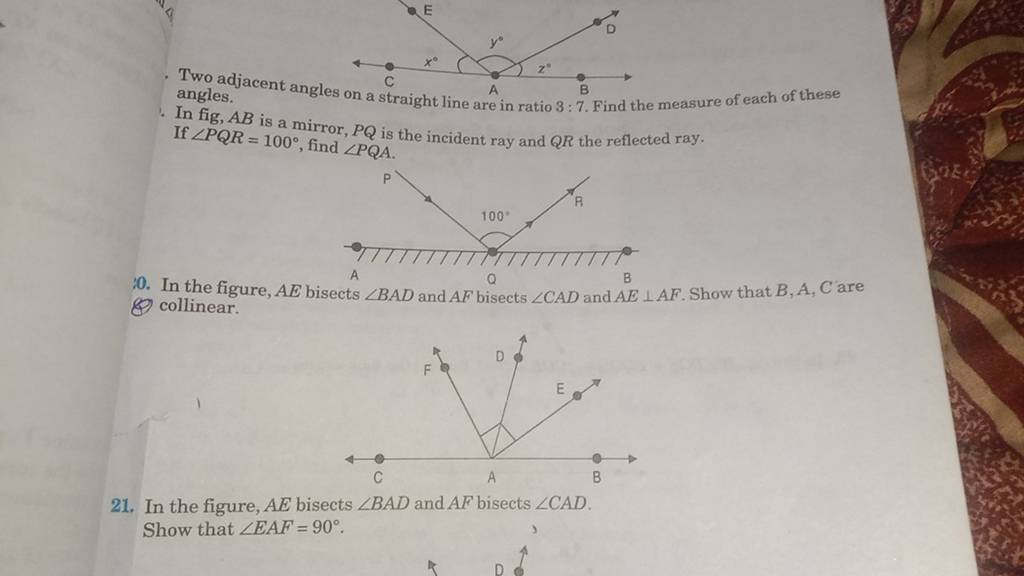 Two adjacent angles on a straight line are in ratio 3:7. Find the measure..