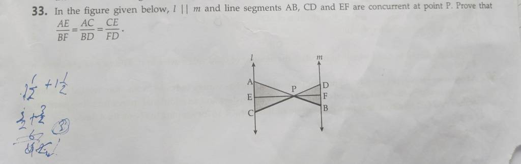 33. In the figure given below, l∥m and line segments AB,CD and EF are con..