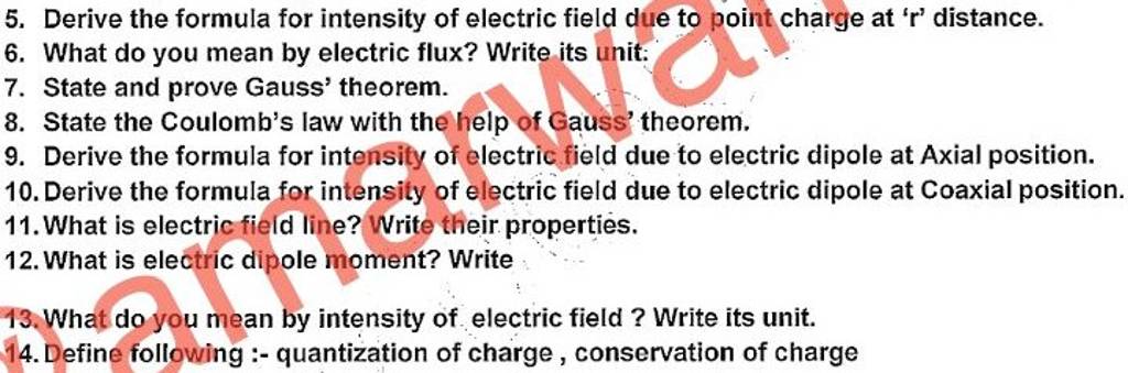 5. Derive the formula for intensity of electric field due to point charge..