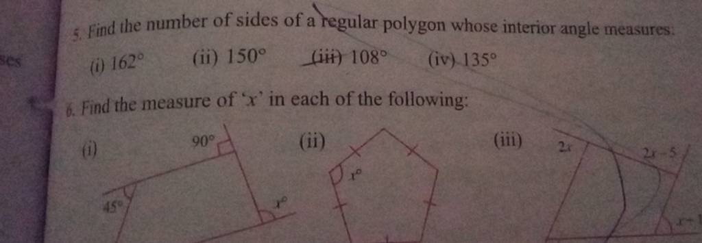 5. Find the number of sides of a regular polygon whose interior angle mea..