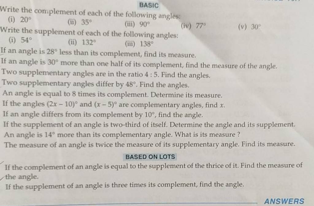 BASIC Write the complement of each of the following angles: (i) 20∘ (ii)