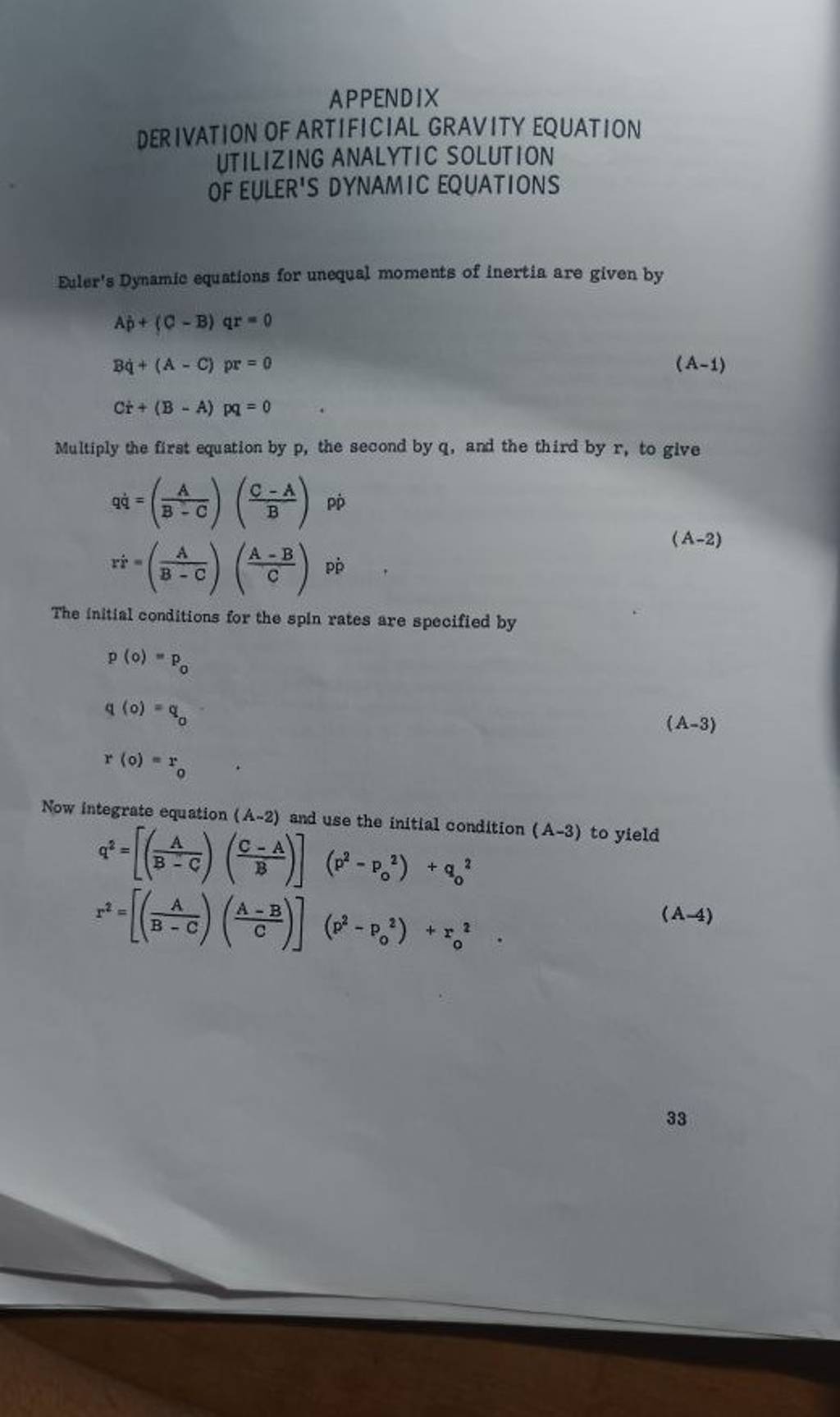 APPENDIX DERIVATION OF ARTIFICIAL GRAVITY EQUATION UTILIZING ANALYTIC SOL..