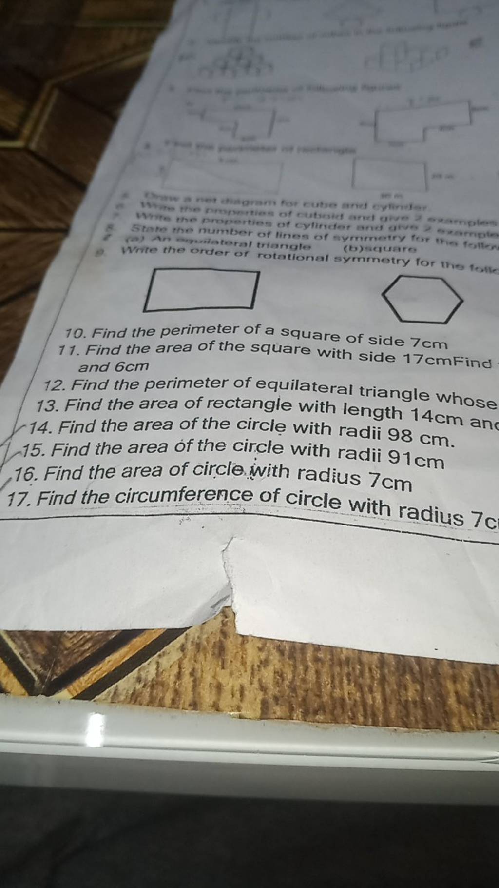 10. Find the perimeter of a square of side 7 cm 11. Find the area of the