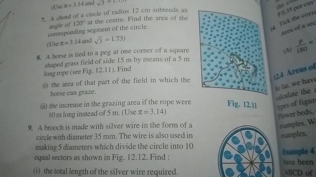 7. A chord of a circle of radius 12 cm subtends an angle of 120∘ at the c..