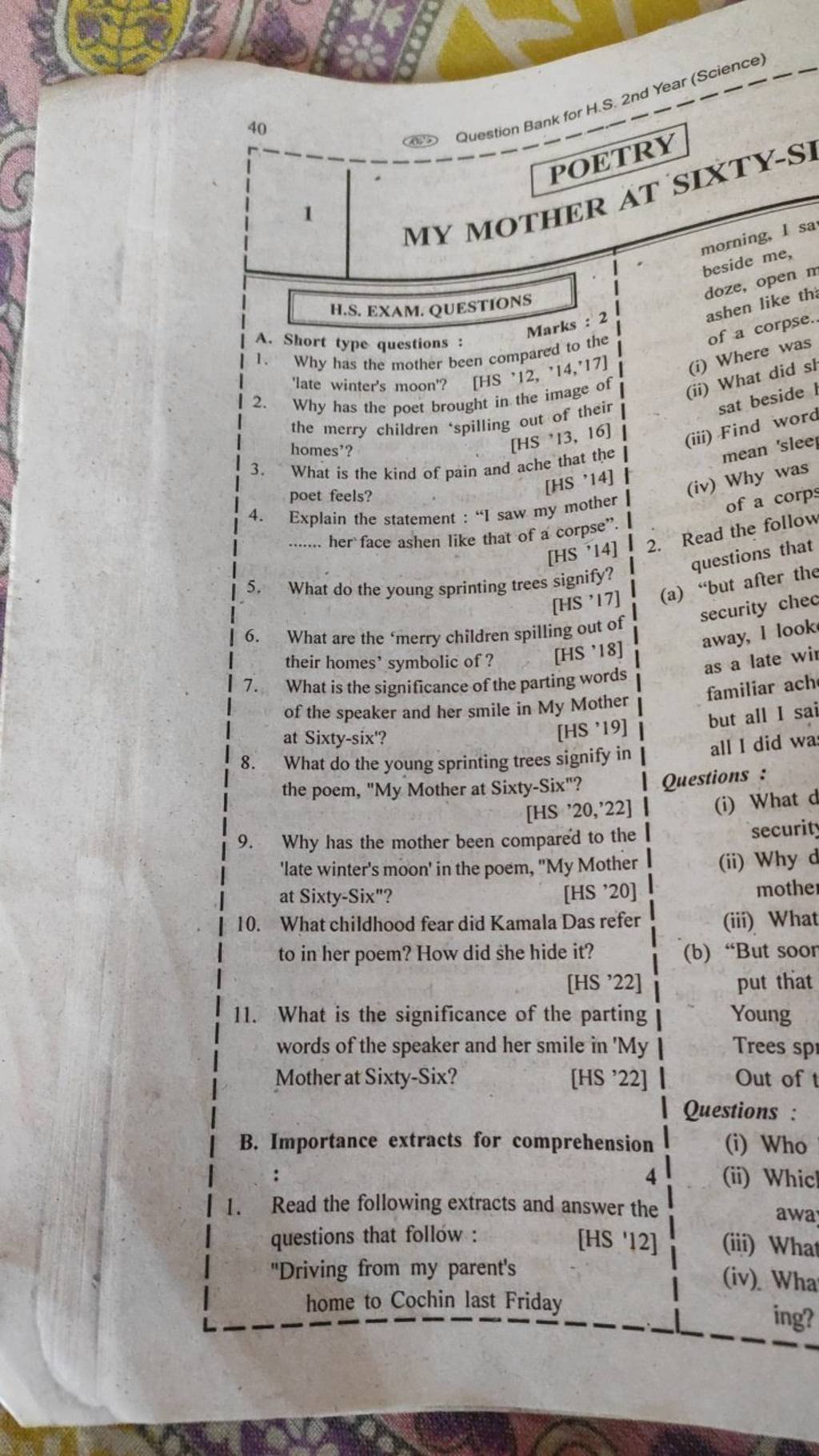 POETRY H.S. EXAM. QUESTIONS 1. Why has the mother been compared to the "l..