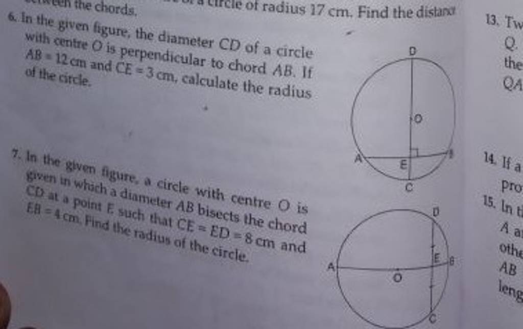 6. In the given figure, the diameter CD of a circle with centre O is perp..