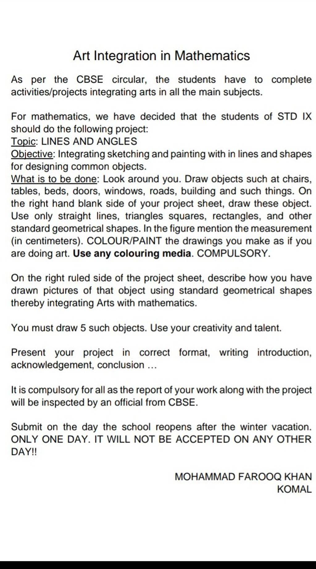 Art Integration in Mathematics As per the CBSE circular, the students hav..