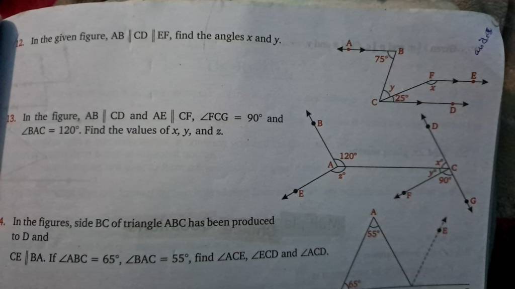 12 In The Given Figure Ab∥cd∥ef Find The Angles X And Y 13 In The Fi