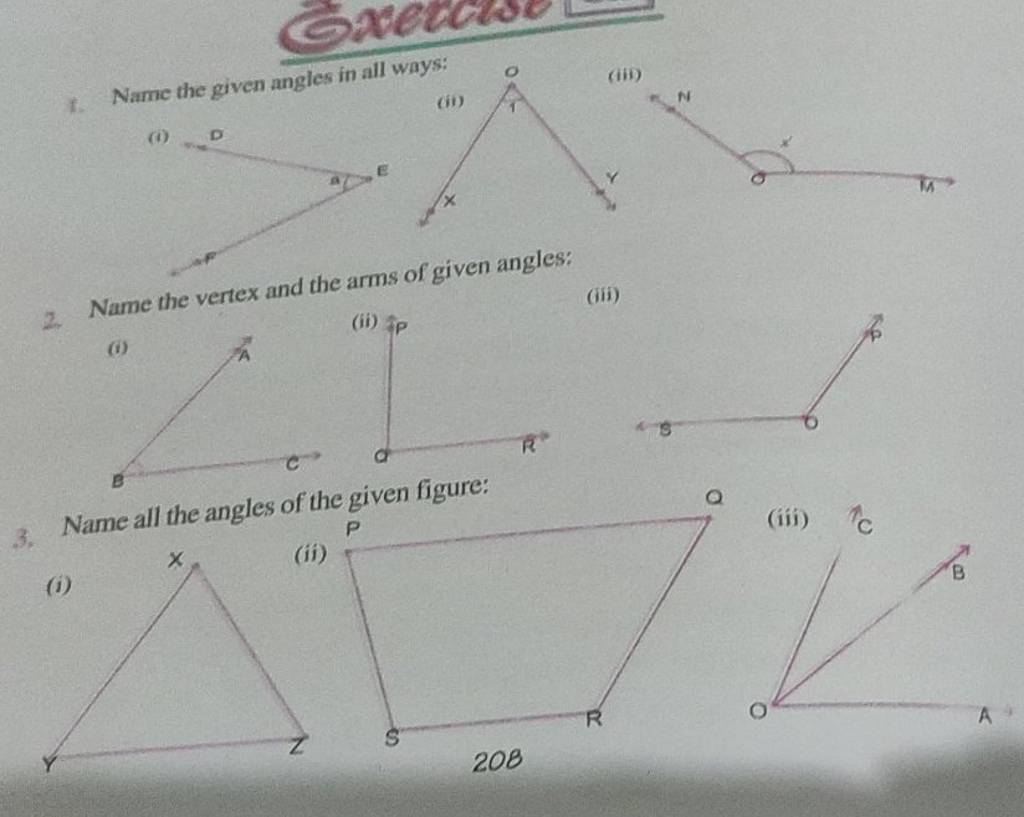 t. Name the given angles in all ways: 2. Name the vertex and the arms of