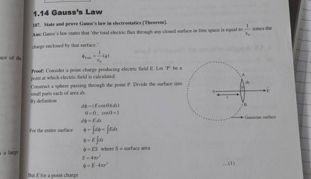 1.14 Causs's Law ′ 187. State and prove Gauss's law in electrostatics [Th..