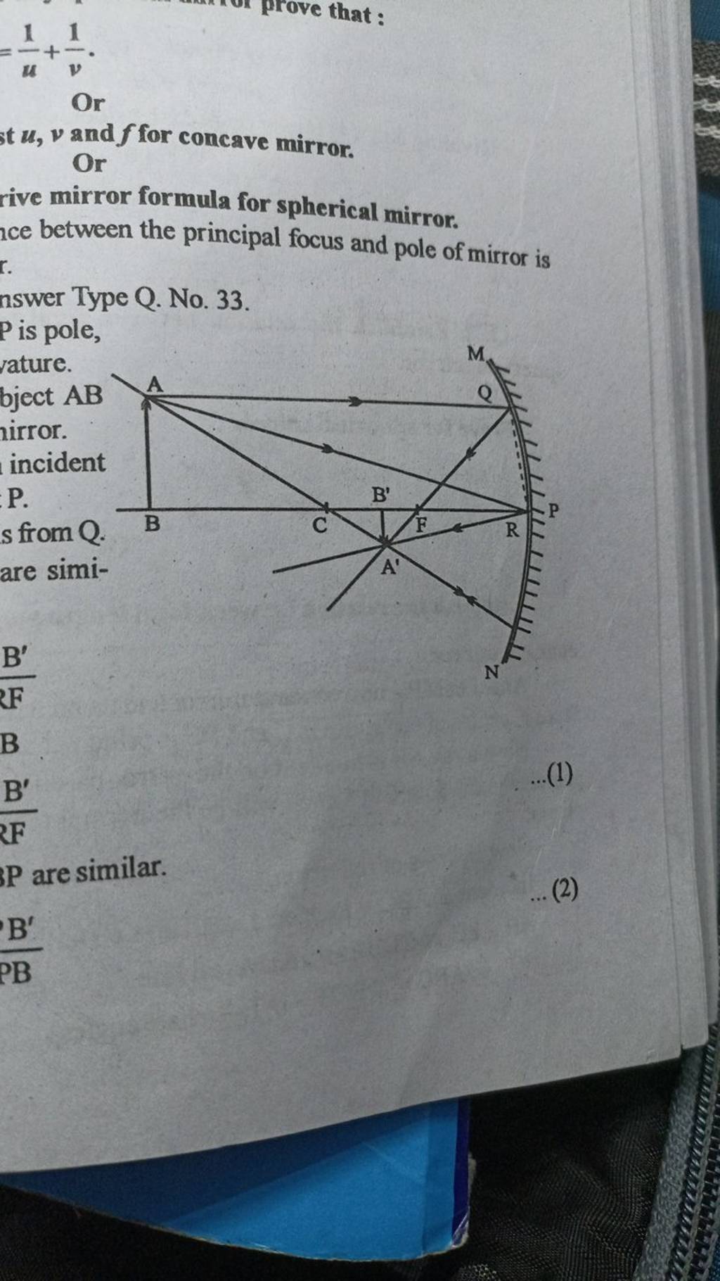 =u1 +v1 Or Or f for concave mirror. rive mirror formula for spherical mi..