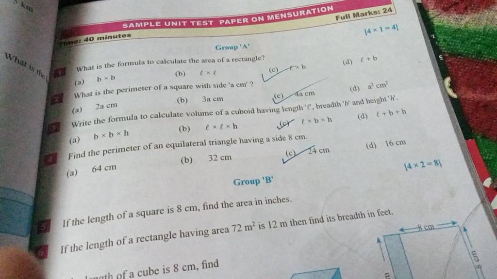 SAMPLE UNIT TEST PAPER ON MENSURATION Full Marks: 24 What is the formula