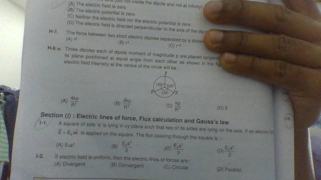 Section (I) : Electric lines of force, Flux calculation and Gauss's law..