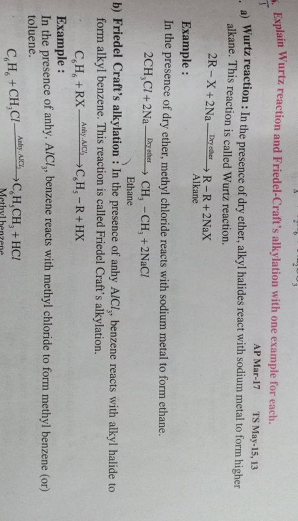 Explain Wurtz reaction and Friedel-Craft's alkylation with one example fo..