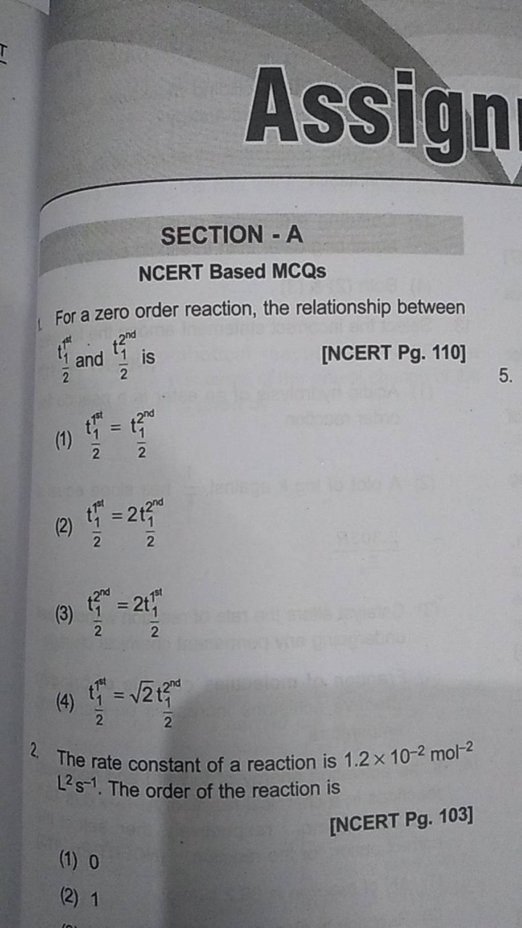 Section A Ncert Based Mcqs For A Zero Order Reaction The Relationship